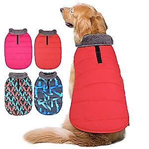 AOFITEE Dog Coat, Winter Dog Jacket Windproof Fleece Cold Weather Coats for Dogs, Warm Dog Winter Vest with Collar & Zipper Leash Hole, Outdoor Pet Apparel for Small Medium Large Dogs, Red 3XL