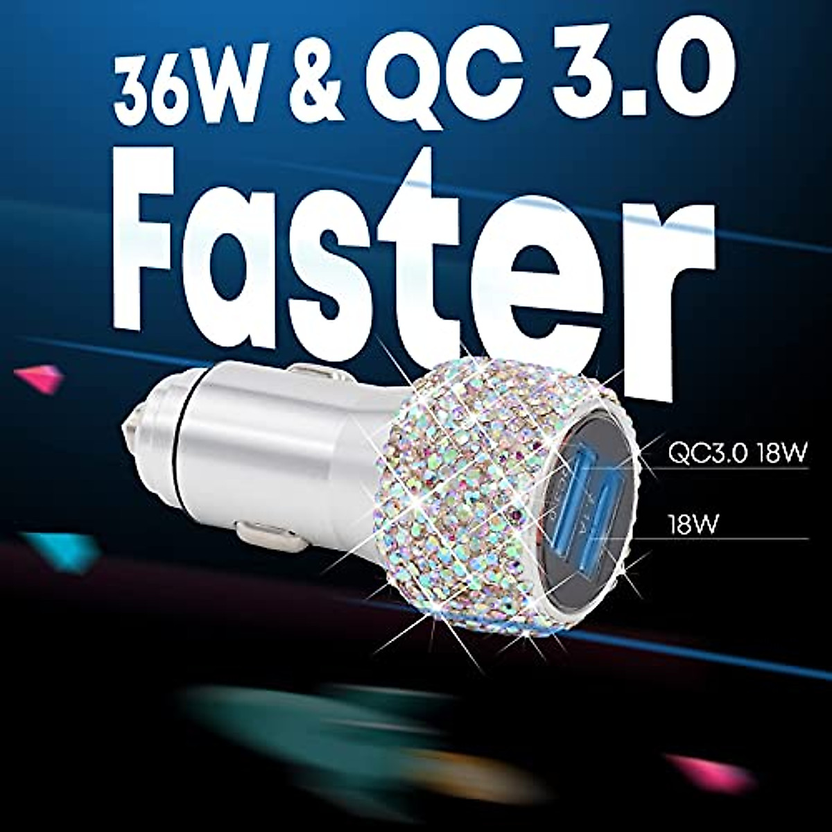 Bling Dual USB Car Charger Quick Charge 3.0 Crystal Fast Charging Cigarette Adapter Women Cute Car Accessories for iPhone Samsung Galaxy S10/S9/S8/S7/S7 Edge/S6/Edge+ Nexus 6P/5X,LG,Nexus(Multicolor)