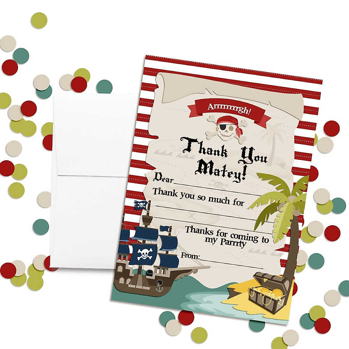 Pirate Treasure Map Birthday Thank You Notes, Ten 4" x 5.5" Fill In The Blank Cards with 10 White Envelopes by AmandaCreation