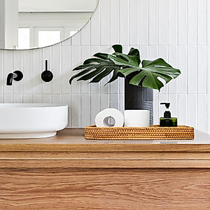 16" Rattan Toilet Tank Basket Rectangle - Large Space for Storage, Tightly Woven & Natural Color, Used Like Long Toilet Basket Tank Topper, Back of Toilet Basket, Tray for Bathroom Counter