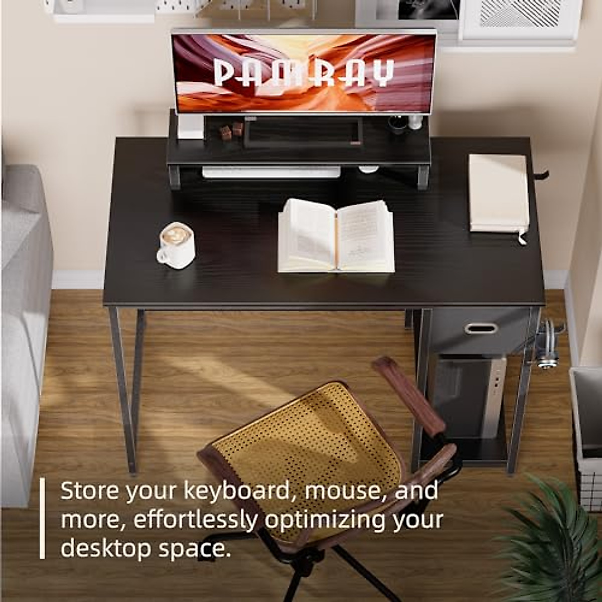 Pamray 32 Inch Computer Desk with Monitor Stand Small Home Office Desks with Non-Woven Storage Drawer for Bedroom Study Table Writing and Work Desk