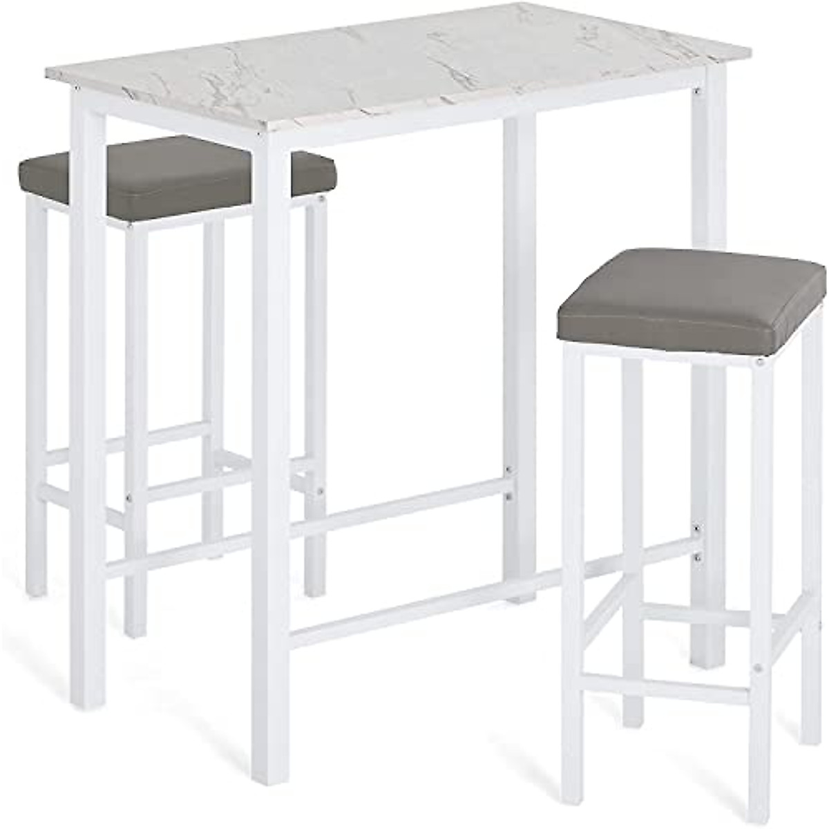 Bar Table Set for 2, White Faux Marbled 3-Piece Counter Height Breakfast Table with 2 Cushioned Stools, Small Dining Kitchen Table Set for Apartment