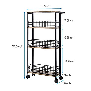 LUMAMU Slim Storage Cart for Small Spaces, 4 Tier Mobile Rolling Cart with Wheels Slide Out Storage Utility Shelves Cart with Wooden for Kitchen Narrow Spaces