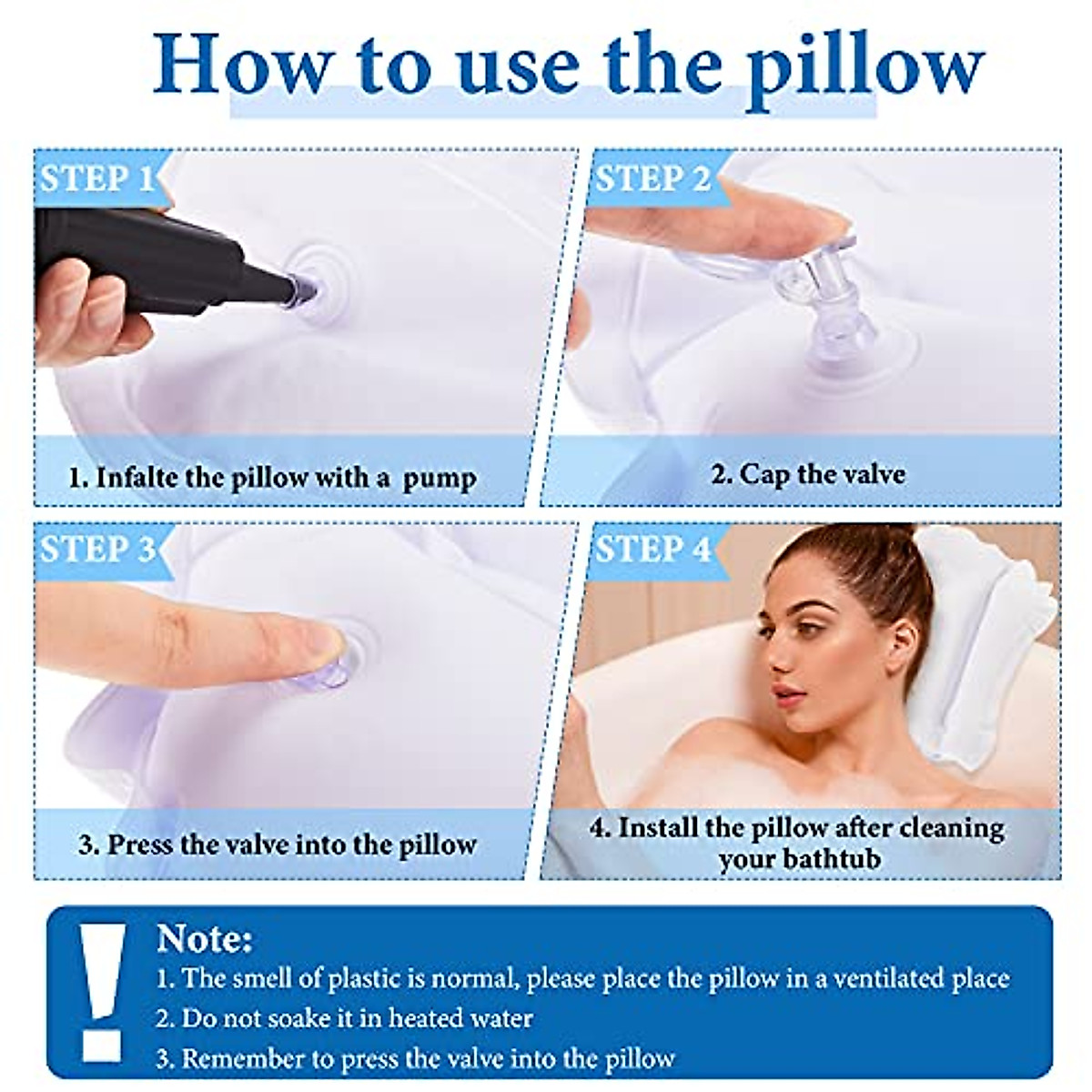 Jetec Inflatable Bath Pillow for Tub Non Slip Bathtub Pillow Soft Comfortable Terry Cloth Bath Pillow White Head Spa Pillow with Suction Cup for Bathtub Cushion, Hot Tub