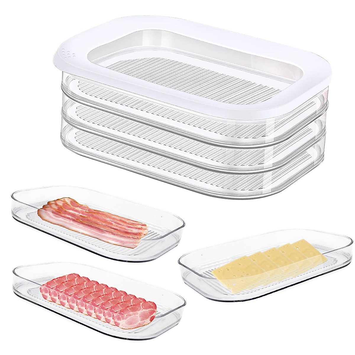 Deli Meat Container for Fridge, Lunch Meat Container with Lids for Refrigerator, 3 Layer Stackable Meal Prep Containers, Food Storage Boxes for Bacon, Cheese, Ham, Cold Cuts, Salami, Clear 1Pack