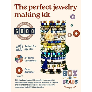 Clay Beads Bracelet Making Kit by Box-O-Beads, 6000 pcs Polymer Clay Heishi Beads for Bracelet & Jewelry Making, DIY Bracelet Making Kit for Kids & Teens Ages 8-12, 24 Earth Tone Colors, 6mm Beads