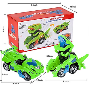 Bezzoni Transforming Dinosaur Car Toys, 2 in 1 Automatic Dinosaur Transform Car with LED Light and Music, Dinosaur Transform Toys for Kids 3-5 (Green)