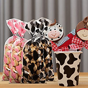 100 Pcs Cow Print Goodie Bags Cow Party Favors Treat Bags Cellophane Gift Bags with Twist Ties for Cow Theme Baby Shower Cowgirl Cowboy Birthday Party Supplies