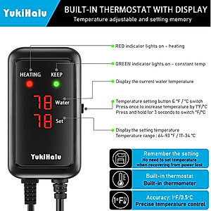 YukiHalu Aquarium Heater 50/100/200/300/500W with Protective Case, Fish Tank Heater, Temperature Adjustable, External Temperature Controller, LED Display, Used for 10/20/40/75/120 Gallons (200W)