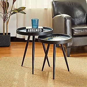 Glitzhome S/2 Modern Nesting End Table Set - Round Sofa Side Tables Living Room Accent Table Nesting Lamp Table with Mosaic Pattern Tray Top