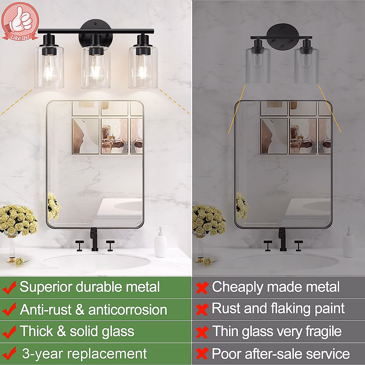 3-Light Bathroom Light Fixtures, Black Bathroom Wall Lights, Modern Bathroom Vanity Light with Clear Glass Shade, Bathroom Wall Lamp for Mirror Kitchen Bedroom Living Room Hallway Cabinet Porch