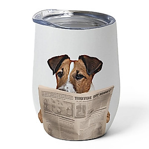 Tricolor Smooth Fox Terrier Reading Newspaper Tumbler 12oz Stainless Steel Vacuum Insulated Wine Cup With Lid - Gifts for Dog Lovers