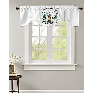 Semi-Sheer Kitchen Valances for Windows, Adjustable Tie Up Valances Curtains Light Filtering, St Patrick's Day White Background Shamrock Gnomes and Gold Coin Elegant Window Toppers Valances 42x12in