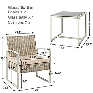 Aoxun 3 Pieces Patio Set Wicker Bistro Table Set, Outdoor Patio Furniture Conversation, Two Rattan Chairs with Glass Coffee Table for Terraces Poolsides and Cafes,Gray Beige