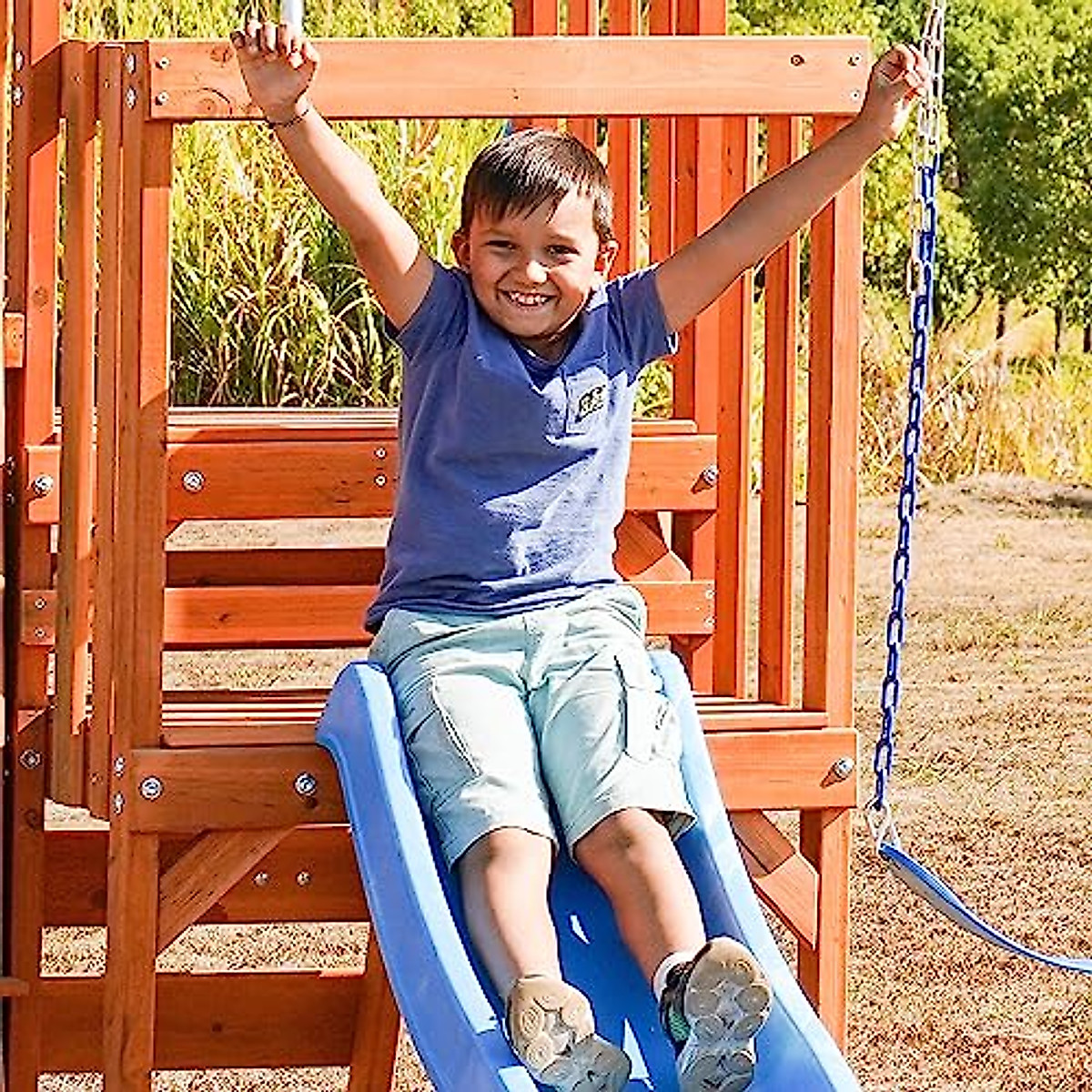 Dolphin Playground Cedar Wooden Swing Sets for Backyard, Outdoor Playset for Kids with Monkey Bar, 2 in 1 Outdoor Table, Wave Slide, Climbing Wall, and 2 Belt Swings, Playground Sets for Backyards