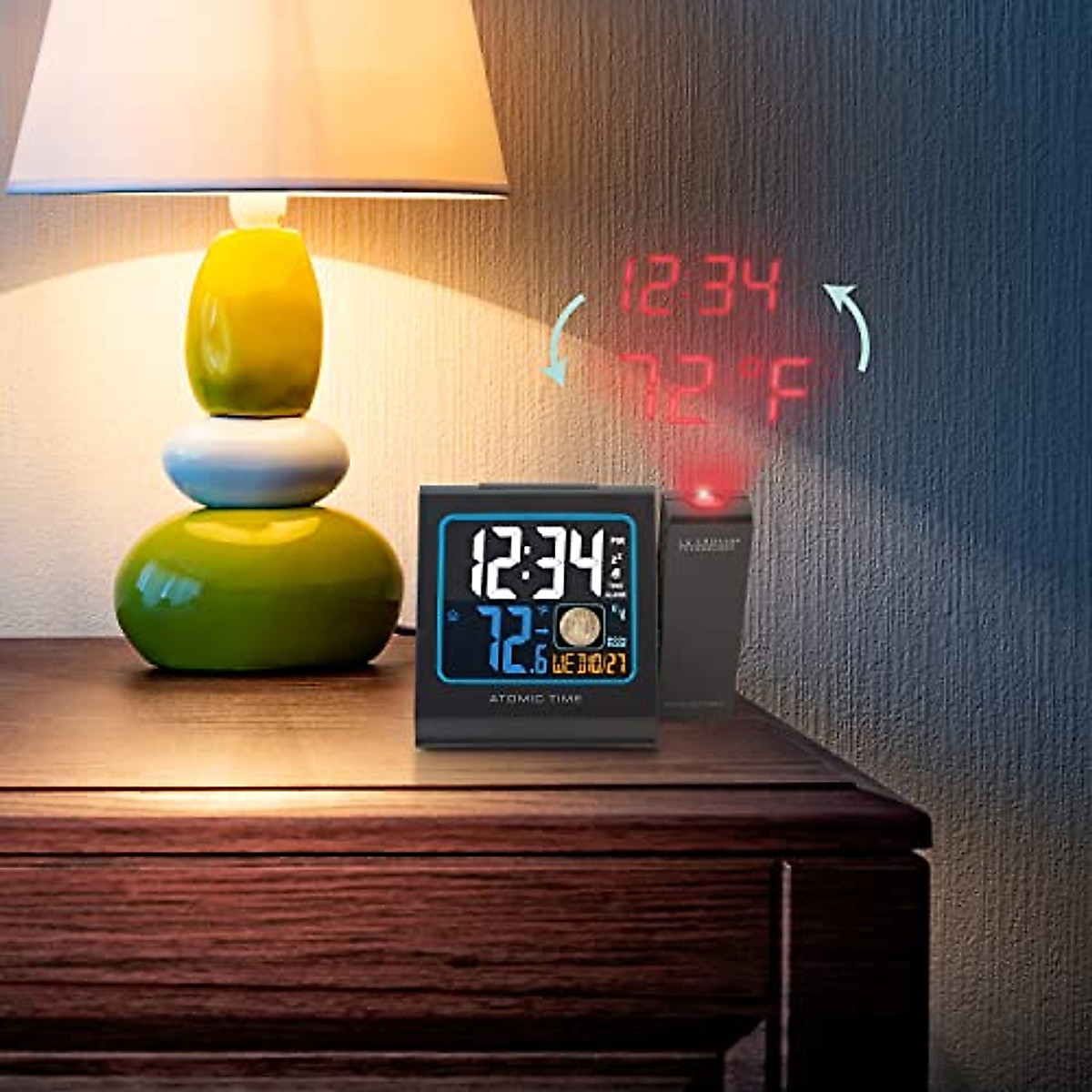 La Crosse Technology 616-146A 5-Inch Color Atomic Projection Alarm Clock with Moon Phase, Black, 5.23"L x 1.96"W x 4.33"H