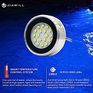 Jiawill Boat Drain Plug Light Smart Control System Use Out of Water DC 9~32V 316L Stainless Steel (Blue)