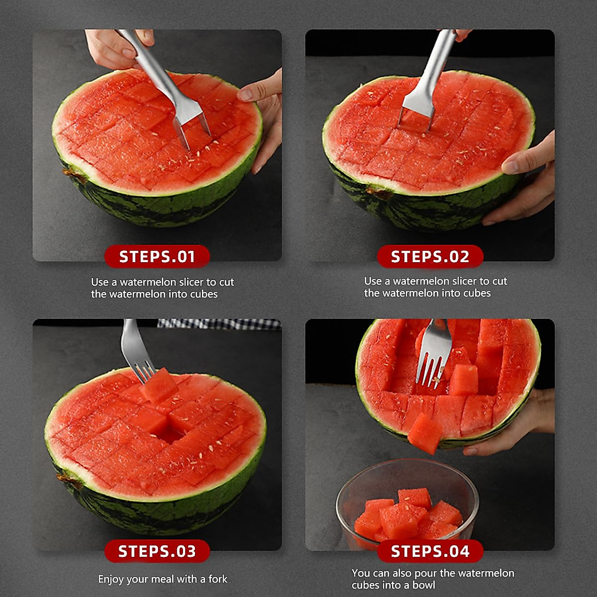 Watermelon Fork Slicer Cutter, 2-in-1 Stainless Steel Fruit Cutter, Summer Portable Watermelon Cutter Melon Cutter Tool, Multifunctional Fruit Fork for Home Kitchen,Camping