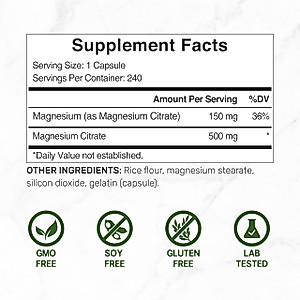 DEAL SUPPLEMENT Magnesium Citrate 500mg, 240 Capsules | Easily Absorbed, Purified Trace Mineral – Muscle, Heart, & Digestive Support – One a Day, Non-GMO