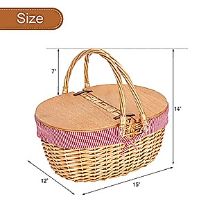 Wicker Picnic Basket with Liner, Wooden Split Lid Picnic Basket, Vintage-Style Wicker Picnic Hamper with Folding Woven Handle for Picnic, Camping, Outdoor, Valentine Day, Thanks Giving, Birthday (Red)