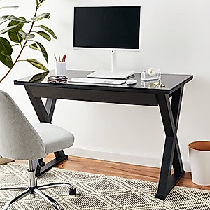 Walker Edison Lawrence Urban Industrial X Leg Glass Top Computer Desk, 48 Inch, Black