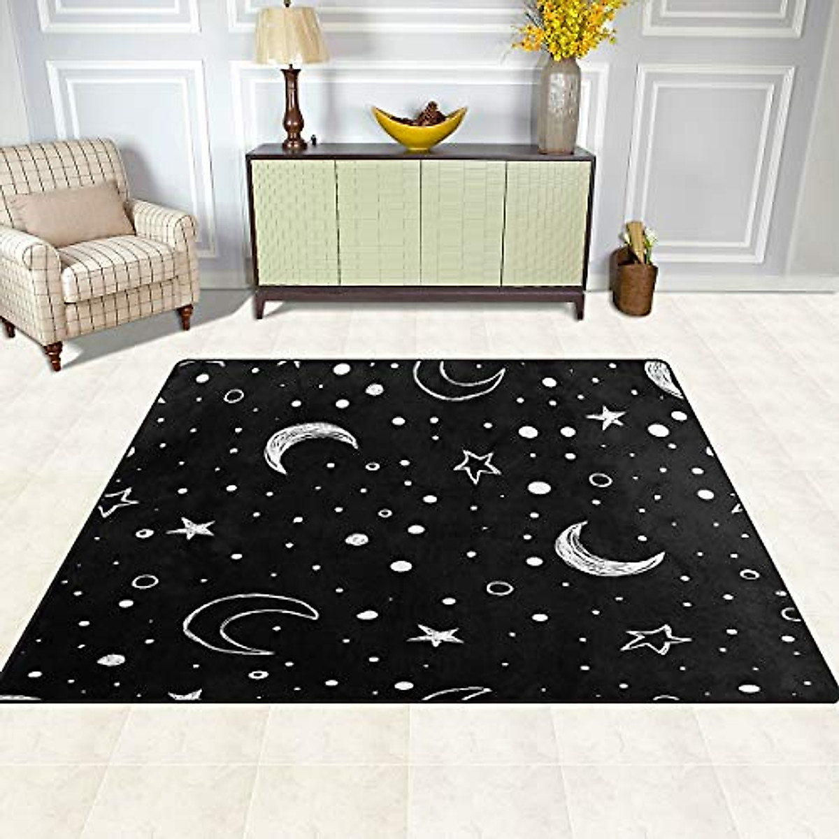 ALAZA Home Decoration Doodle Night Sky Moon Stars Large Rug Floor Carpet Yoga Mat, Modern Area Rug for Children Kid Playroom Bedroom, 5' x 7'