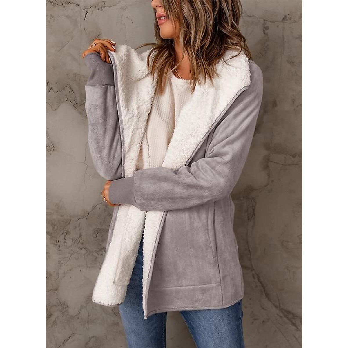 Dokotoo Womens Winter Warm Long Sleeve Open Front Fleece Jacket Stand Collar Sherpa Lined Outerwear Fashion Thicken Faux Suede Coats Jackets for Women 2024,XL,Gray