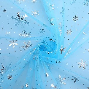 GORGECRAFT Christmas Snowflake Shiny Sheer Fabric 67 Inch Wide Sky Blue Silver Foil Organza Mesh Ribbon Fabric Silky Tulle Tablecloth Net Gauze for Birthday Wedding Party Gift DIY Craft 3 Yards