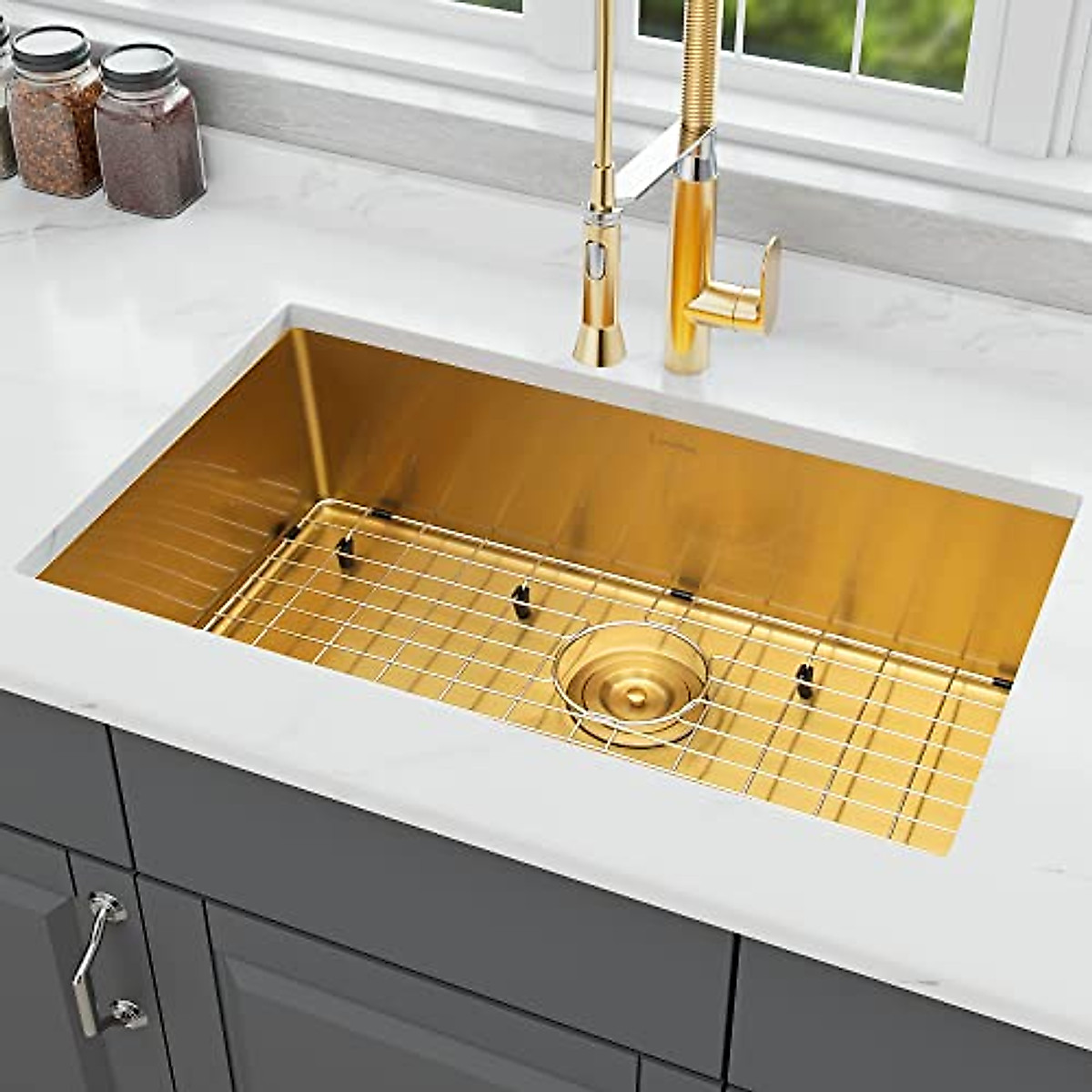 Lonsince Undermount Kitchen Sink 30 X 18 inch,Single Bowl Kitchen Sink Undermount,Gold Kitchen Sink,Undermount Stainless Steel Kitchen Sink