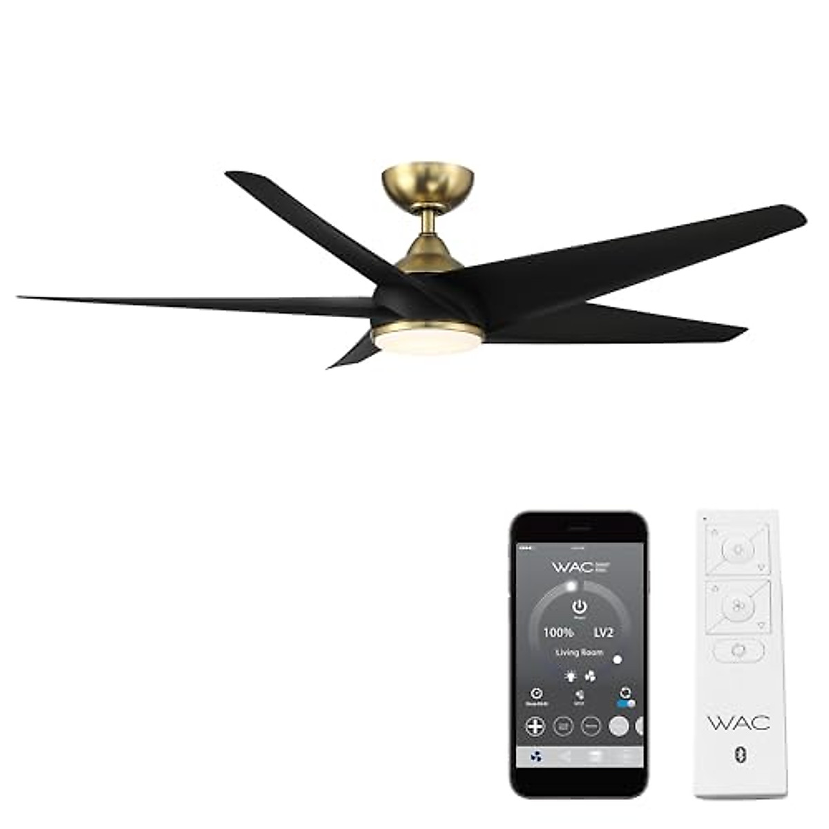 WAC Smart Fans Viper Indoor and Outdoor 5-Blade Smart Home Ceiling Fan 60in Soft Brass Matte Black with 3000K LED Light Kit and Remote Control works with Alexa and iOS or Android App