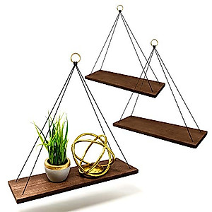Boho Wall Hanging Shelf - Wood Hanging Shelves for Wall - Farmhouse Rope Shelves for Bedroom Living Room Bathroom - Rustic Wood Shelves - Hanging Plant Shelf - Triangle Floating Shelf (Ring Mount)