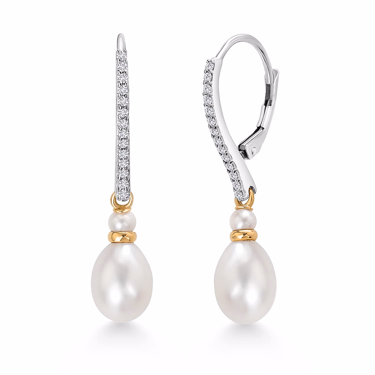 Gem Stone King 925 Sterling Silver and 10K Yellow Gold 9X7MM Cultured Freshwater Pearl and White Lab Grown Diamond Dangling Earrings with Leverback For Women