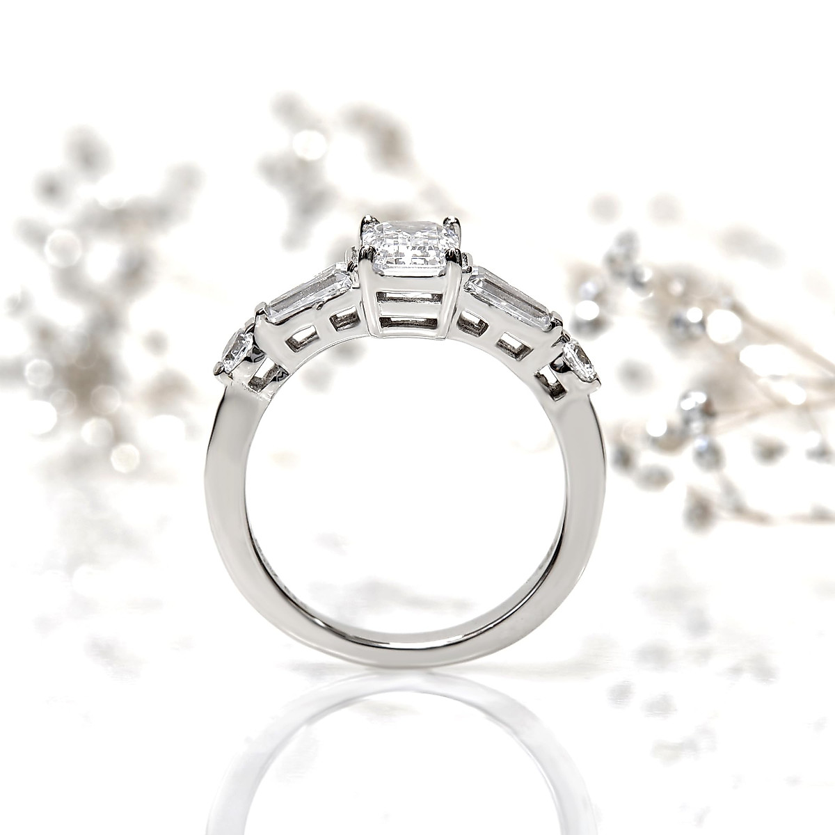 DoubleAccent Platinum Plated Sterling Silver Ring 1 CT Emerald Cut CZ Stone with Baguette Wedding Engagement Ring (Size 5 to 9), 6