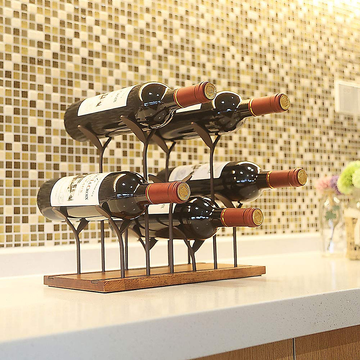 ALLCENER Countertop Bottle Rack, Tabletop Wood Bottle Holder, Hold 6 Bottles, Perfect for Home Decor & Kitchen Storage Rack, Bar, Cellar, Cabinet, Pantry, etc, Wood & Metal (Bronze)
