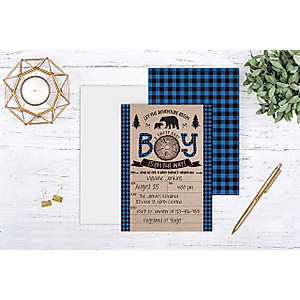 Your Main Event Prints Blue Lumberjack Baby Shower Invitations, Boy Baby Shower Invitations, Mama Bear Baby Shower Invites, Woodland Baby Shower Invitations, 20 Fill in Invitations and Envelopes