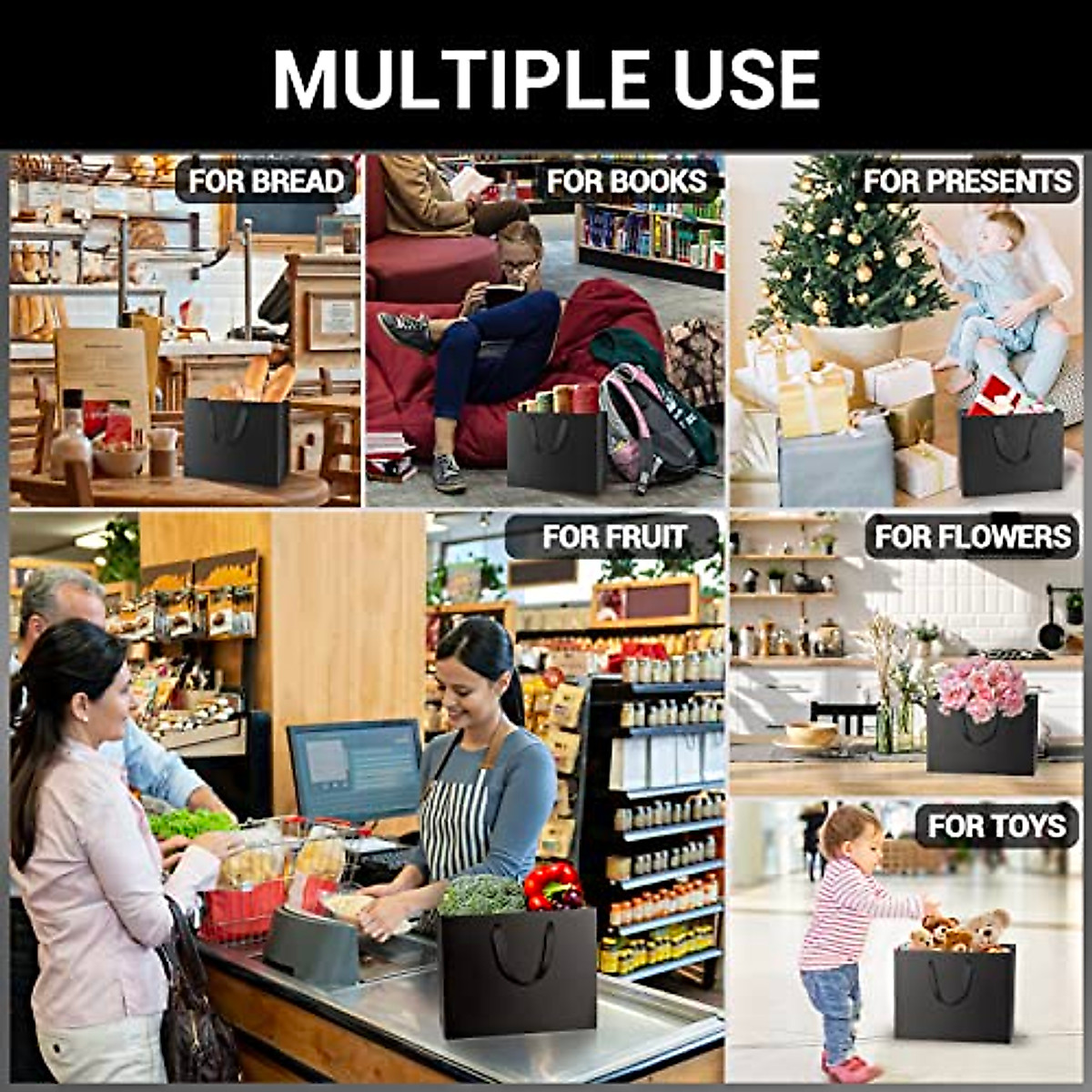 EUSOAR Black Shopping Bags with Handles, 20 Pack 8.6" x3.9" x7" Mini Kraft Paper Gift Wrap Bags with Handles, for Business, Grocery, Boutique, Retail, Wedding, Party Favors, Birthdays