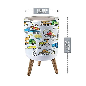 Press Cover Round Trash Bin with Legs Cool Construction Excavator Crane Bulldozer Truck Boys Hand Drawn Push Top Trash Can with Lid Dog Proof Garbage Can Wastebasket for Living Room 7L/1.8 Gallon