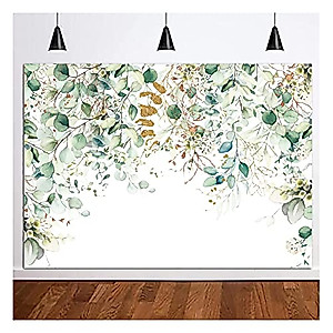 Gold and Green Eucalyptus Leaves Photography Background Spring Still Life Grass Leaf Background Prom Group Photo Backdrops for Wedding Baby Shower Birthday Party Decor Banner 7x5ft