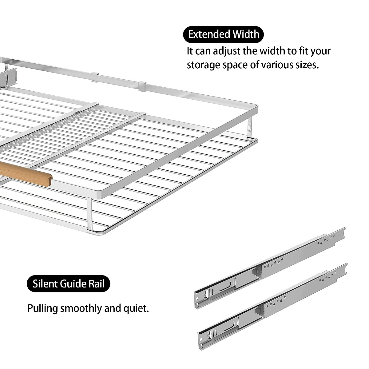 WEJIPP Pull Out Cabinet Drawer Organizer, Expandable & Adjustable Slide Out Kitchen Storage Shelves,Heavy Duty Rack,Under Sink Divider,Space Saving,Stainless Steel