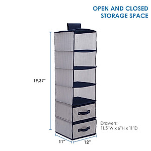 Delta Children 6 Shelf Hanging Wall Storage with 2 Drawers - Easy Storage/Organization Solution- Holds Sweaters, Shirts, Pants, Accessories & More - Movable Drawers Allow for Customization, Navy