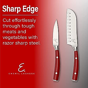 Emeril Lagasse 2 Piece Knife Set 5" Santoku 3.5" Paring Knife Forged Steel Clad Emerilware (Red)
