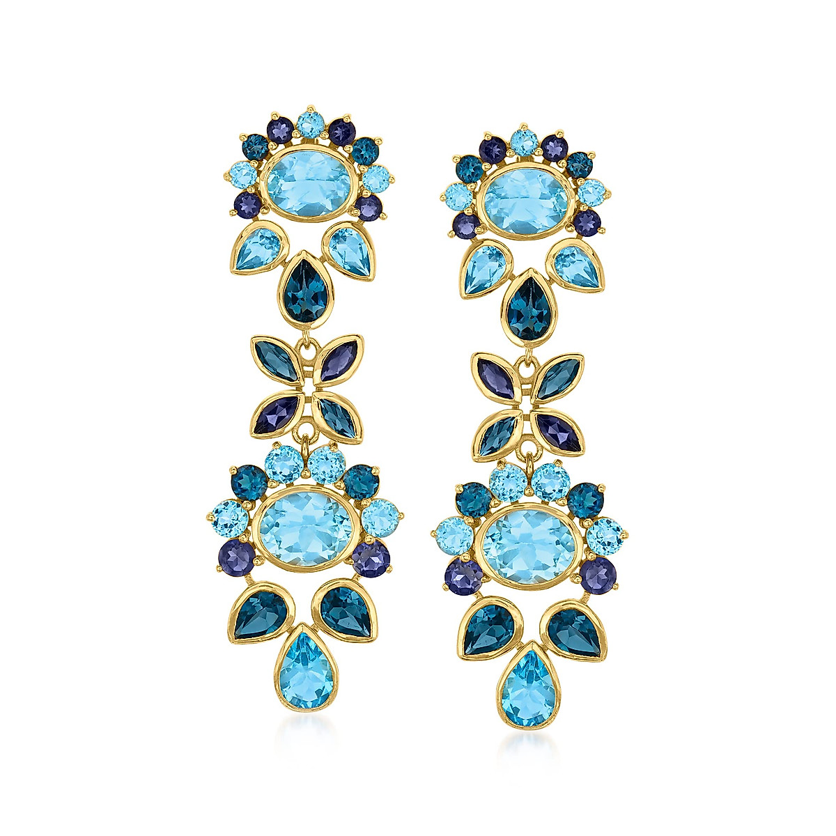 Ross-Simons 24.30 ct. t.w. Tonal Blue Topaz and 2.30 ct. t.w. Iolite Drop Earrings in 18kt Gold Over Sterling