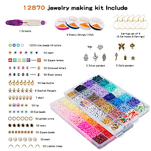 Maxzola inc. Clay Beads for Jewelry Bracelet Necklace Making Kit, 12870 Pcs Flat Round Polymer Clay Beads with Elastic Strings Pendant Charms Kit