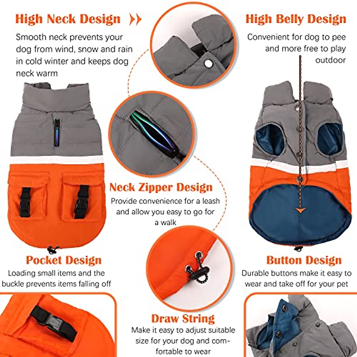 IKIPUKO Dog Winter Jacket, Reflective Dog Warm Coat Windproof Padded Doggie Coat with Pouch Dog Jacket with Harness Hole Puppy Cold Weather Coat for Small Medium Large Dogs(M)