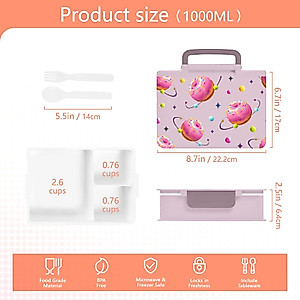 BOENLE Cosmic Planet Donuts Bento Lunch Box for Kids Bento Box with 3 Compartment,Lunch Containers Built-In Reusable Fork & BPA-Free Leakproof,Pink