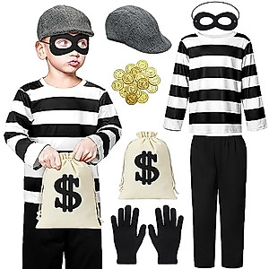 Sintege 26 Pcs Kids Robber Costume Set for Boys Halloween Cosplay Bank Burglar Bandit Thief Aged 10-12 Bank Thief Role Play Jail Costume