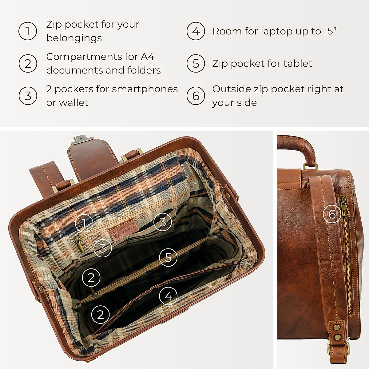 Leather Backpack Travel Bag Carry On Business Canvas Rucksack Brown Book Bag - Time