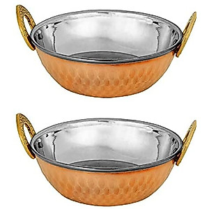 VAKRATUNDA KITCHENWARES Heavy-Duty Copper Bowl Kadai, Food Grade Copper and Steel Serving Karahi Bowls, Multipurpose Indian Serving Kadhai Copper Bowls, Diameter 5 Inches Pack of (2)