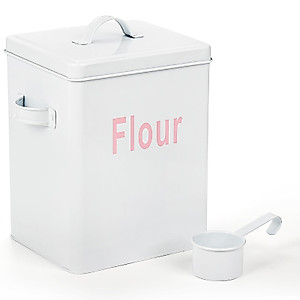 Youeon 1.5 Gallon Metal Flour Storage Container with Airtight Lid and Measuring Scoop, Square Flour Canister with Handle, White Flour Canister for Kitchen Counter, Farmhouse Decor