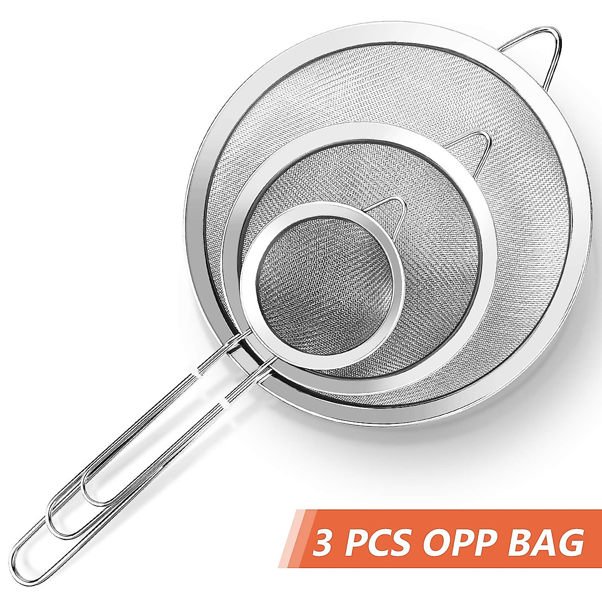 YLYL 3 Pcs Super Wire Extra Fine Mesh Strainer with Handle, Small Medium Large Size Sifter Metal Strainer Set, Stainless Steel Sieve Fine Mesh Strainers for Kitchen Rice Juice Quinoa Food Flour Baking